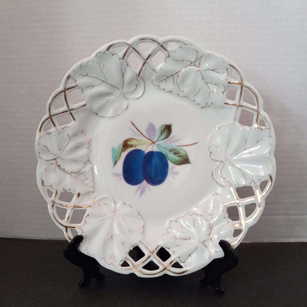 Vintage Plate Plums and Leaves Reticulated & Embossed, Cottage Decor ...