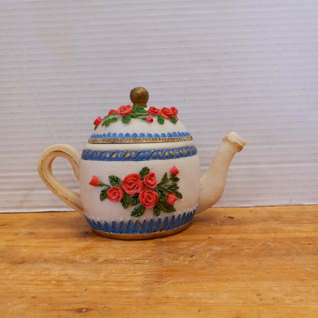 Vintage Jewelry Box Teapot Shaped Majolica Style, 1994 Dezine Teapot ...