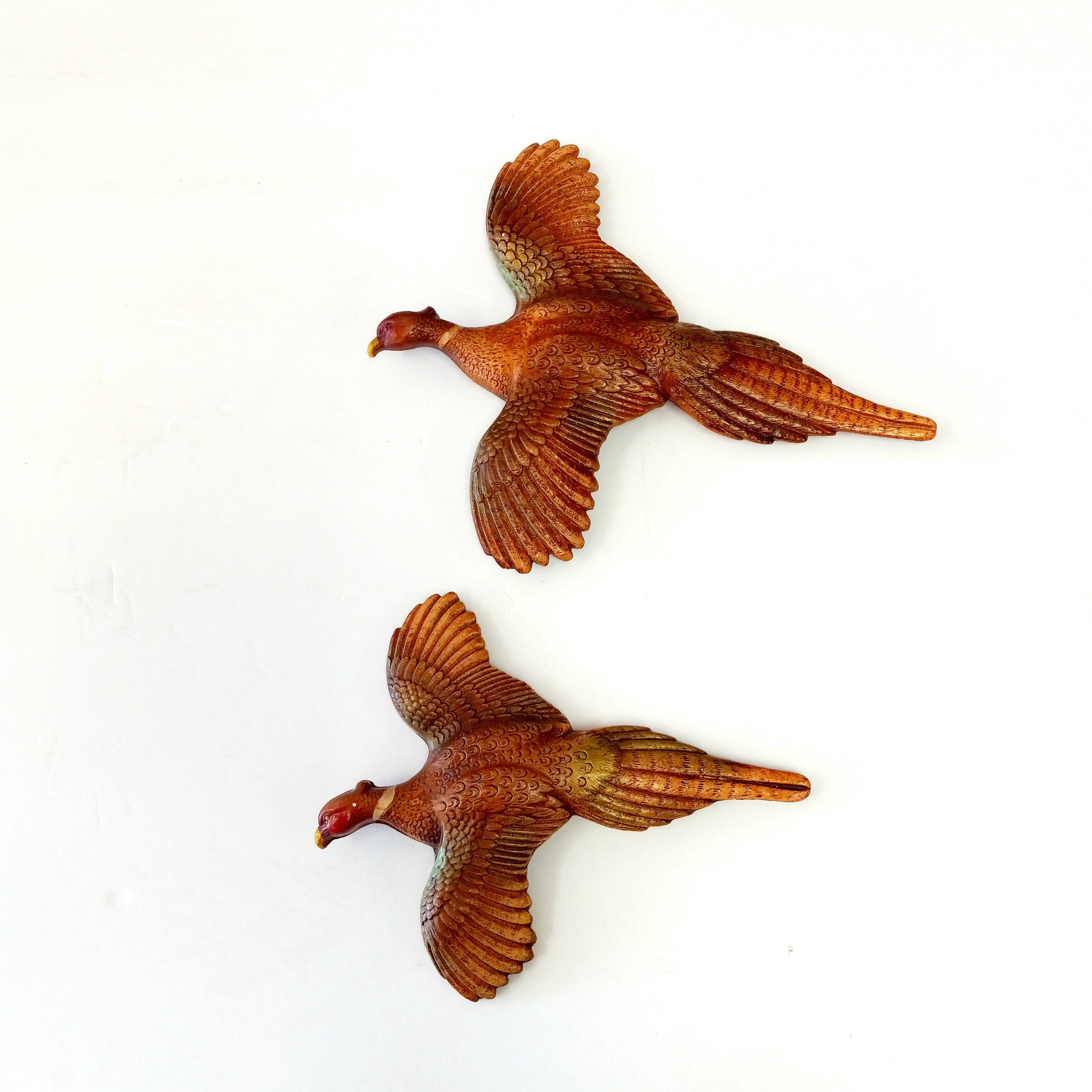Pair of Wood Carved Pheasants in Flight for Wall Hanging, Wall Decor ...