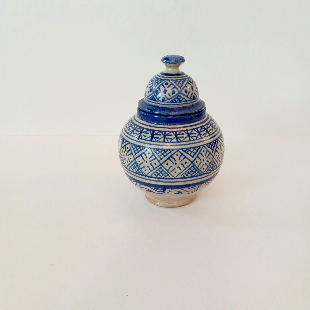 Antique Moroccan Jar: Fassi Pottery, Blue and White Decor - Etsy