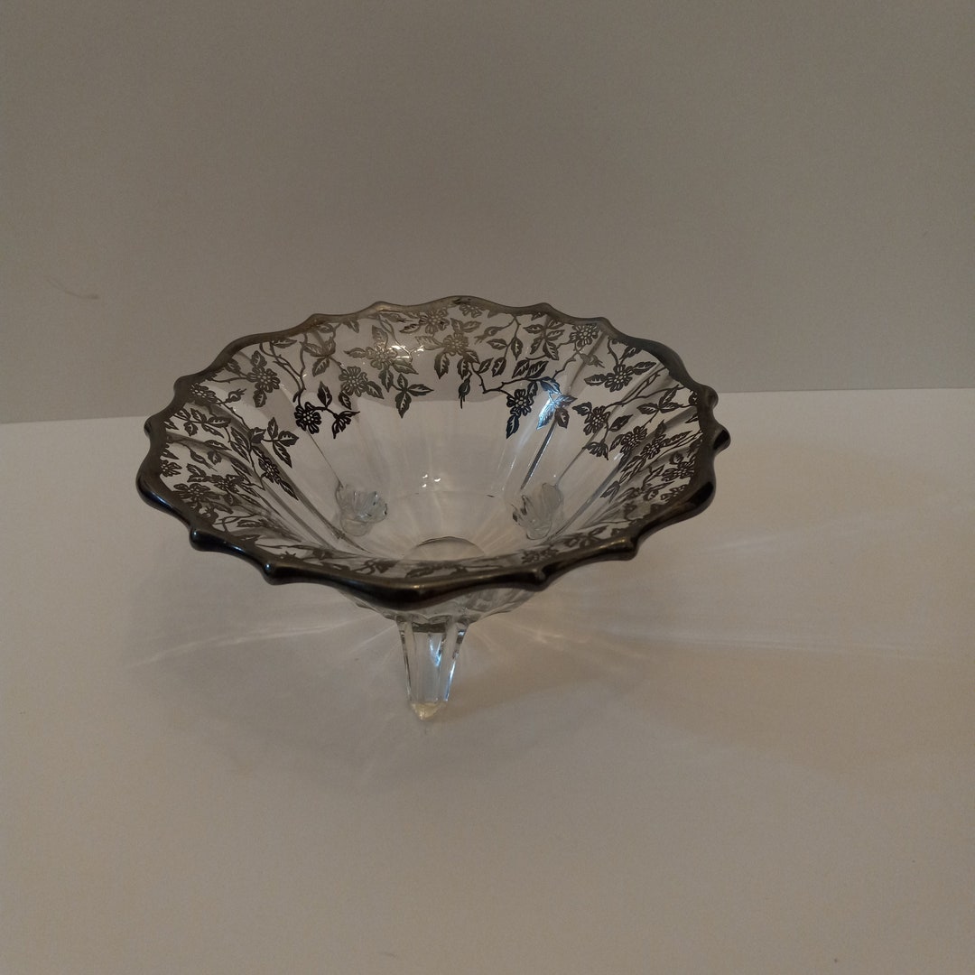 Vintage Candy Dish Silver Lace Overlay Fotted, Glass Ring Dish With ...