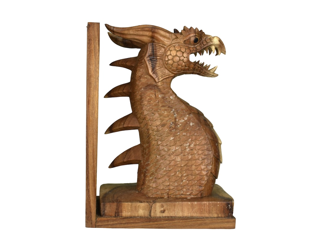Dragon Head Bookend Wooden Sculpture Statue Natural Wood Handcarved ...
