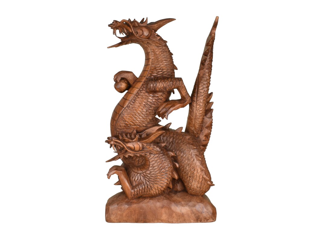 Double Dragon Large Sculpture Statue Natural Wood Handcarved Wood ...