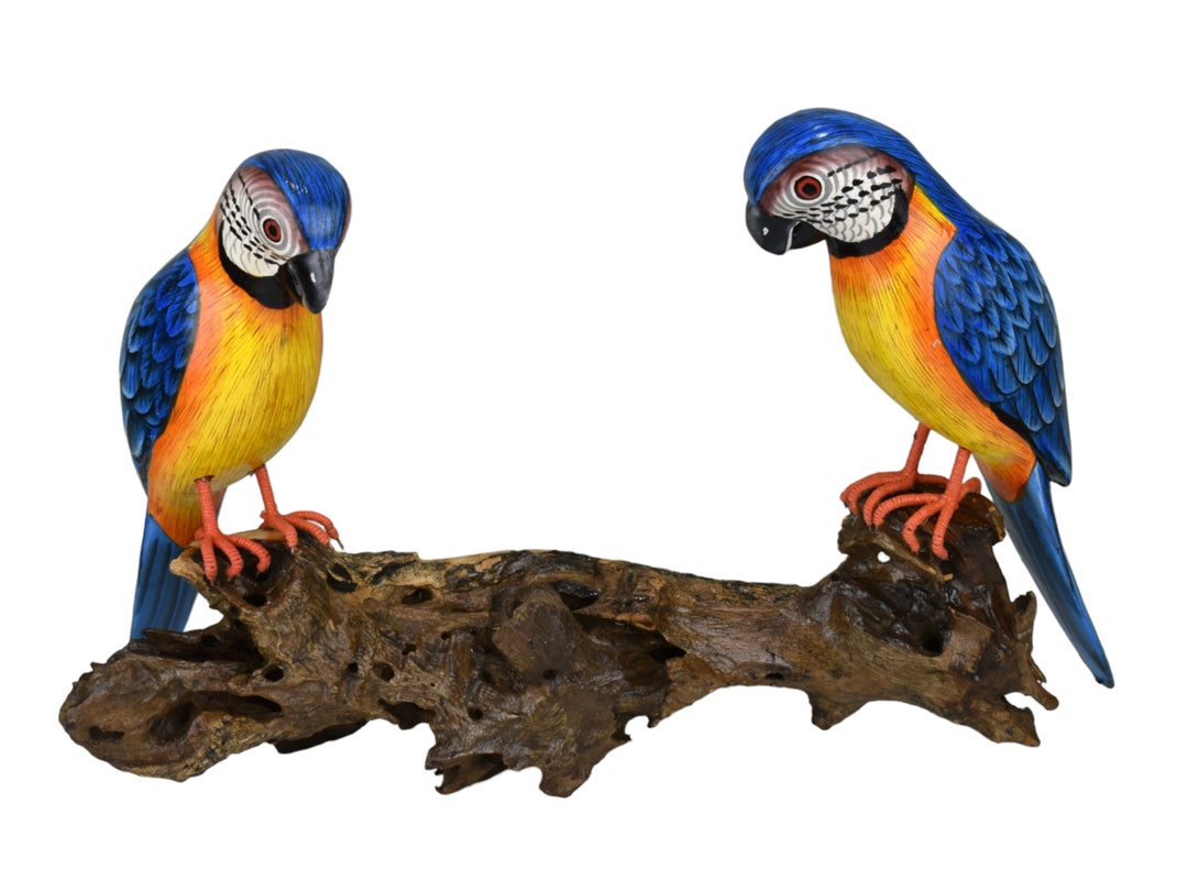 Parrots Wooden Sculpture Statue Natural Parasite Wood Handcarved Wood ...