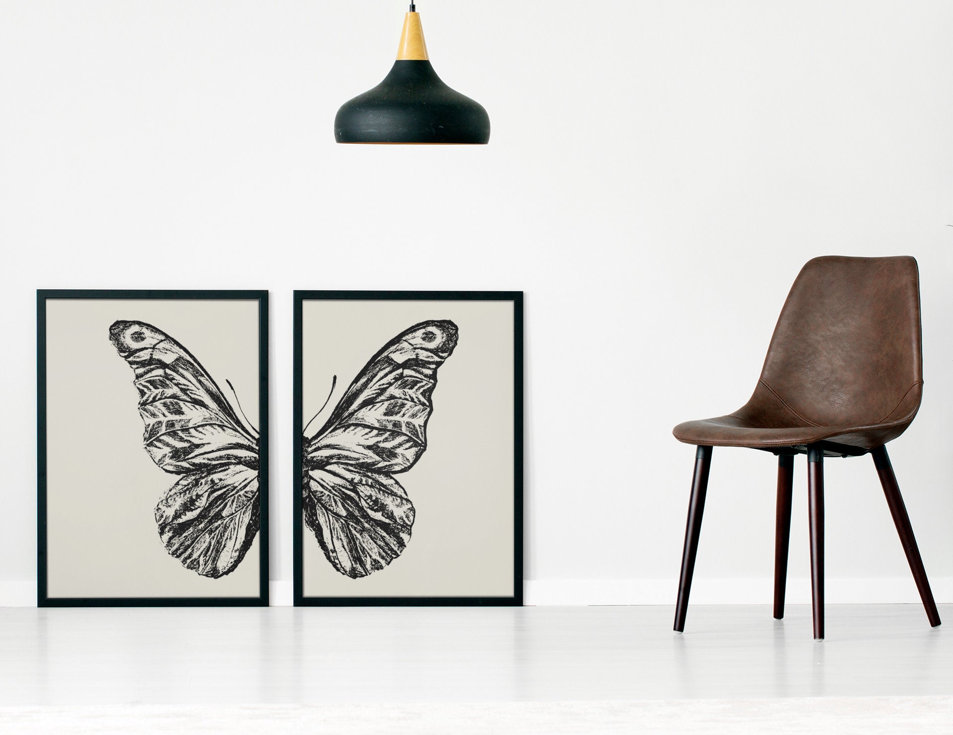 Butterfly Beige & White Sketch Wall Art Print Set of 2, Butterfly ...