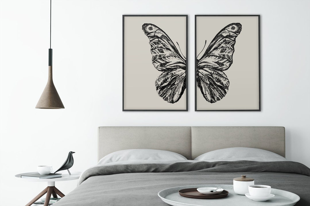 Butterfly Beige & White Sketch Wall Art Print Set of 2 - Etsy
