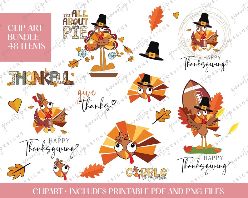 Bundle Thanksgiving Clipart, Printable, Turkey Clipart, Turkey Png ...
