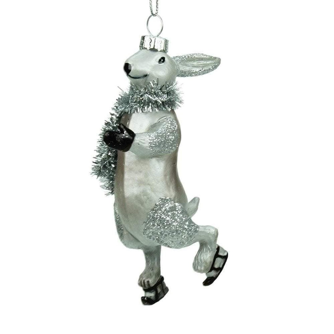 Ice Skating Hare With Tinsel Scarf Painted Glass Hanging Silver Glitter ...