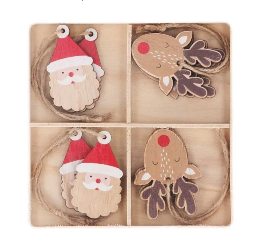 Wooden Reindeer and Santa Head Christmas Tree Decorations (box of 8 ...