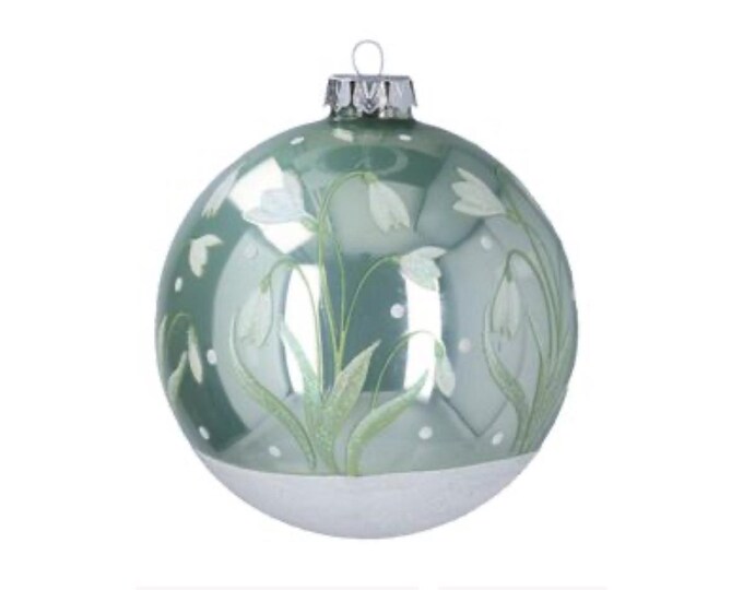 Shiny Sage Green & Iridescent Glitter With Snowdrops Bauble, 10cm Glass ...