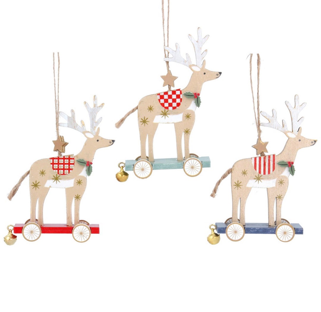 Wooden Reindeer on Wheels With Bell, Stag Deer Animal Bauble Tree ...