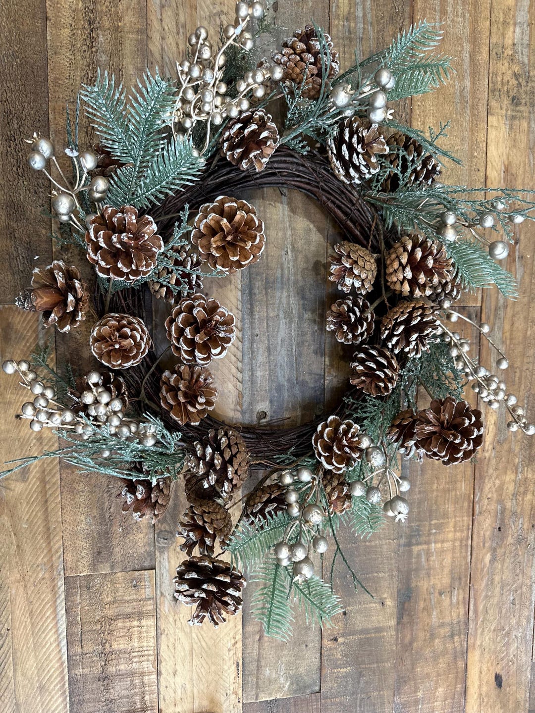 Gisela Graham Christmas Twig Leaf Wreath With Pine Cones, Fir & Gold ...