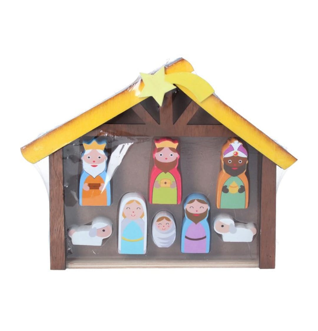 Painted Colourful Wooden Children's Nativity Scene 9 Figures & Stable ...