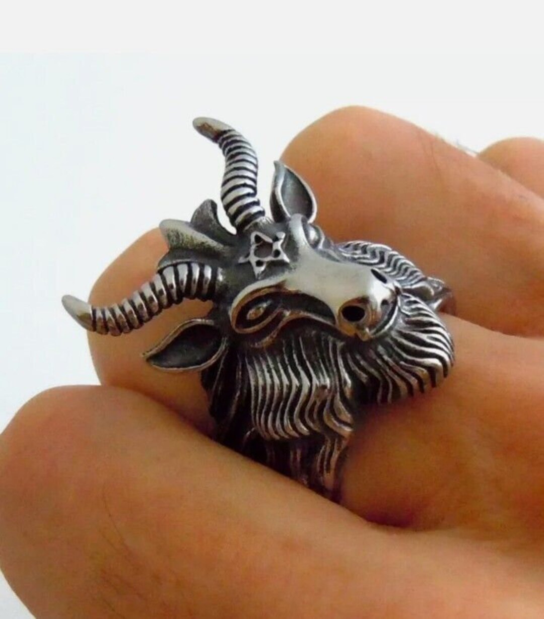 Goat Head Satanic Pentagram Ring Goat Ring baphomet Silver - Etsy
