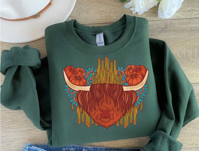Fall, Highland Cow and Pumpkins, Forest Green, Western, Crewneck ...