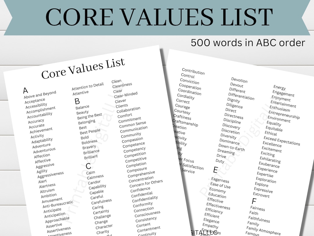 Core Values Listvalue Words List List of Values Psychology - Etsy