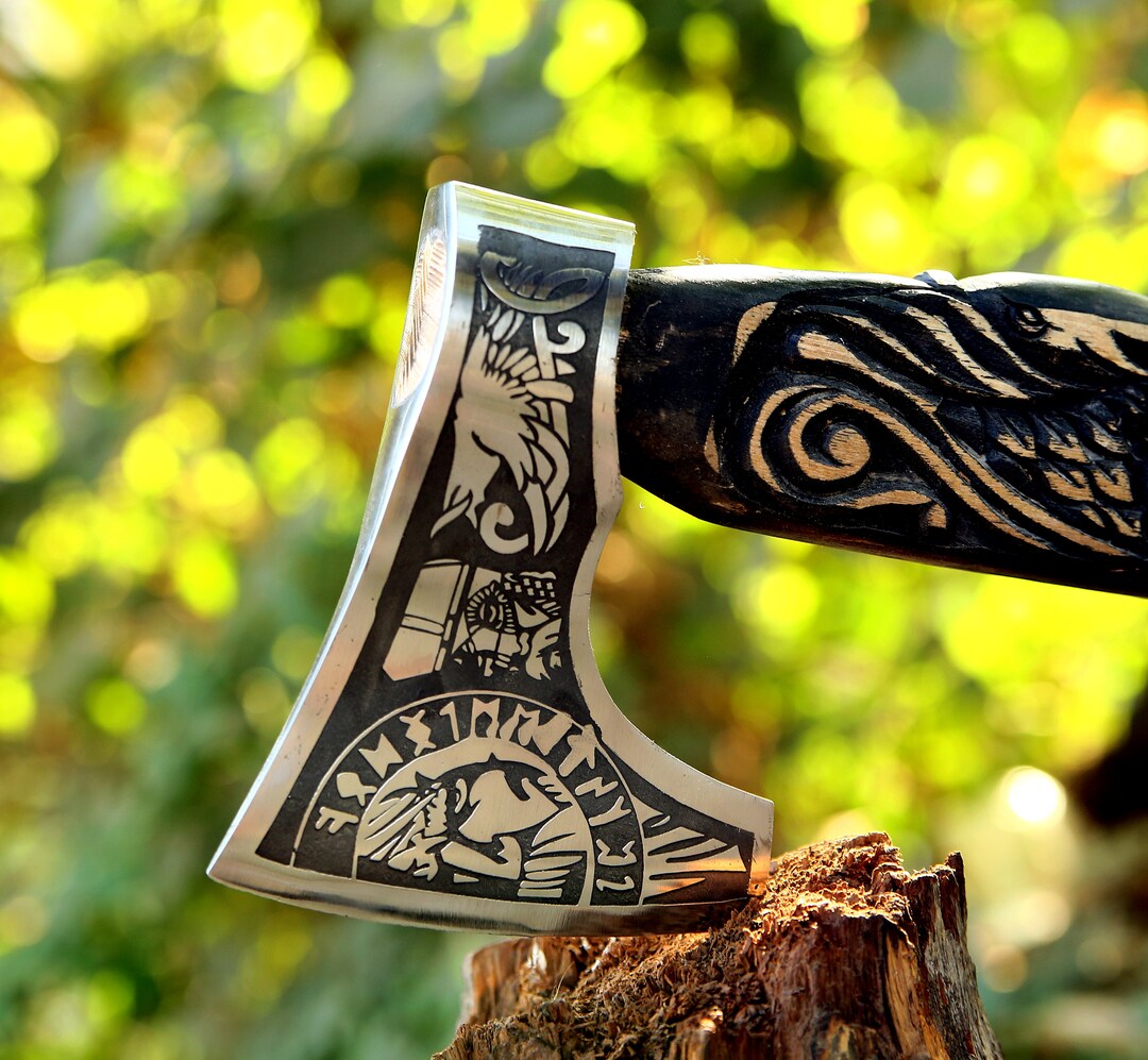 RAVEN CARVED STYLE Carbon Steel Axe, Personalized Hand Carved Raven ...