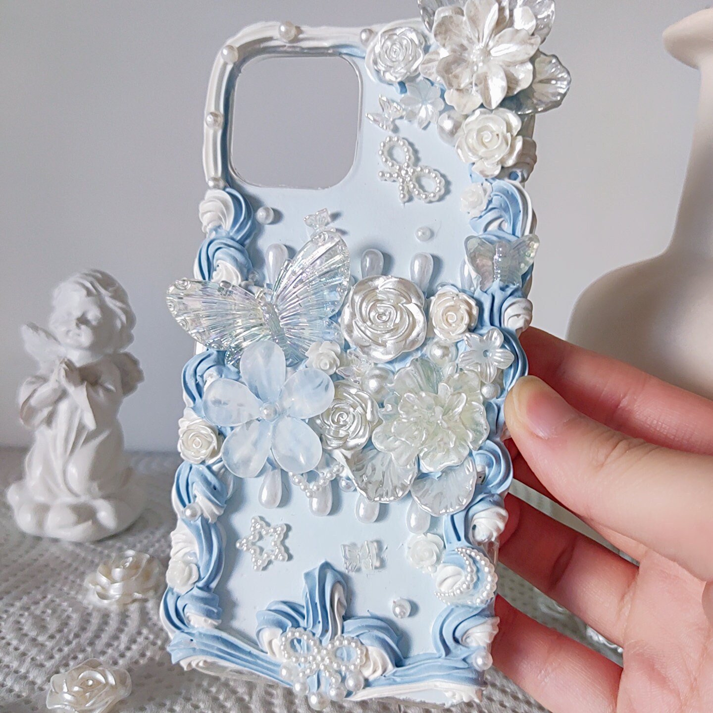 Handmade Light Blue Baroque Style Decoden Phone Case Gift - Etsy
