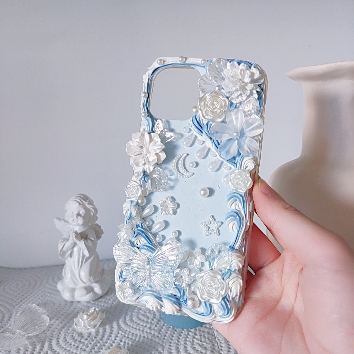 Handmade Light Blue Baroque Style Decoden Phone Case Gift - Etsy