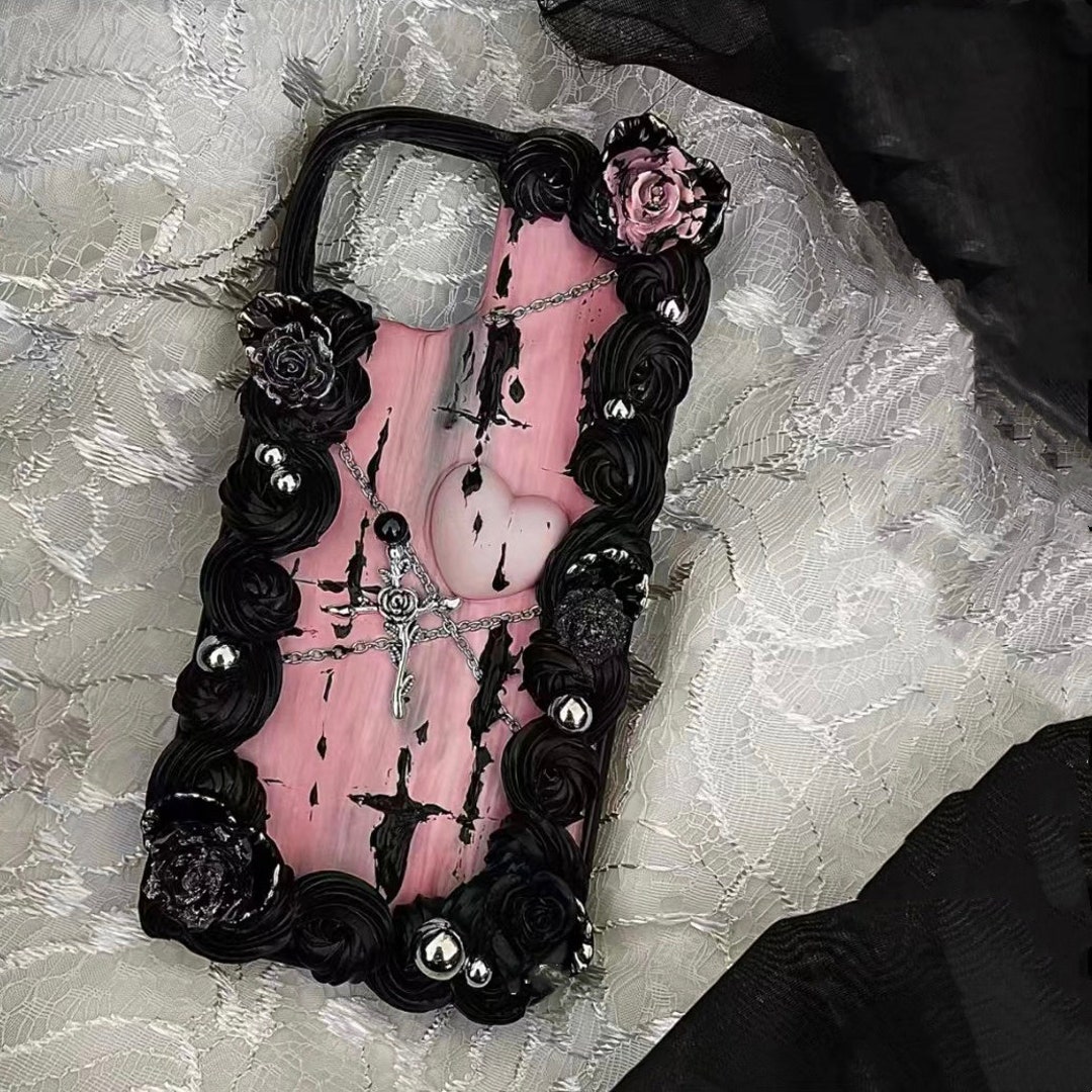 Handmade Pink and Dark Style With Chain Decoden Phone Case | Gift for ...
