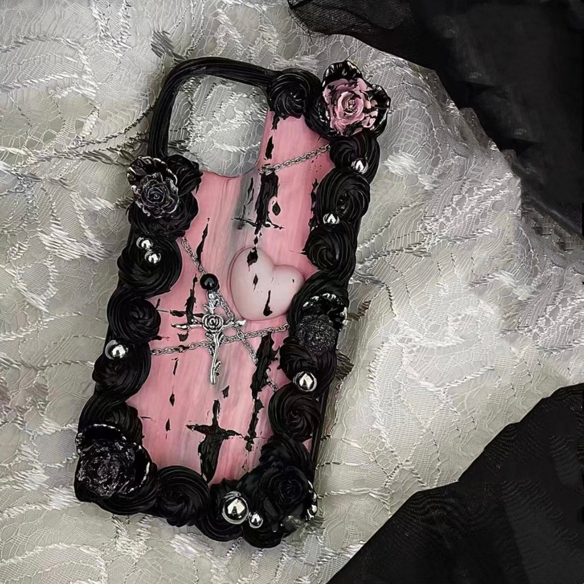 Handmade Pink and Dark Style With Chain Decoden Phone Case - Etsy