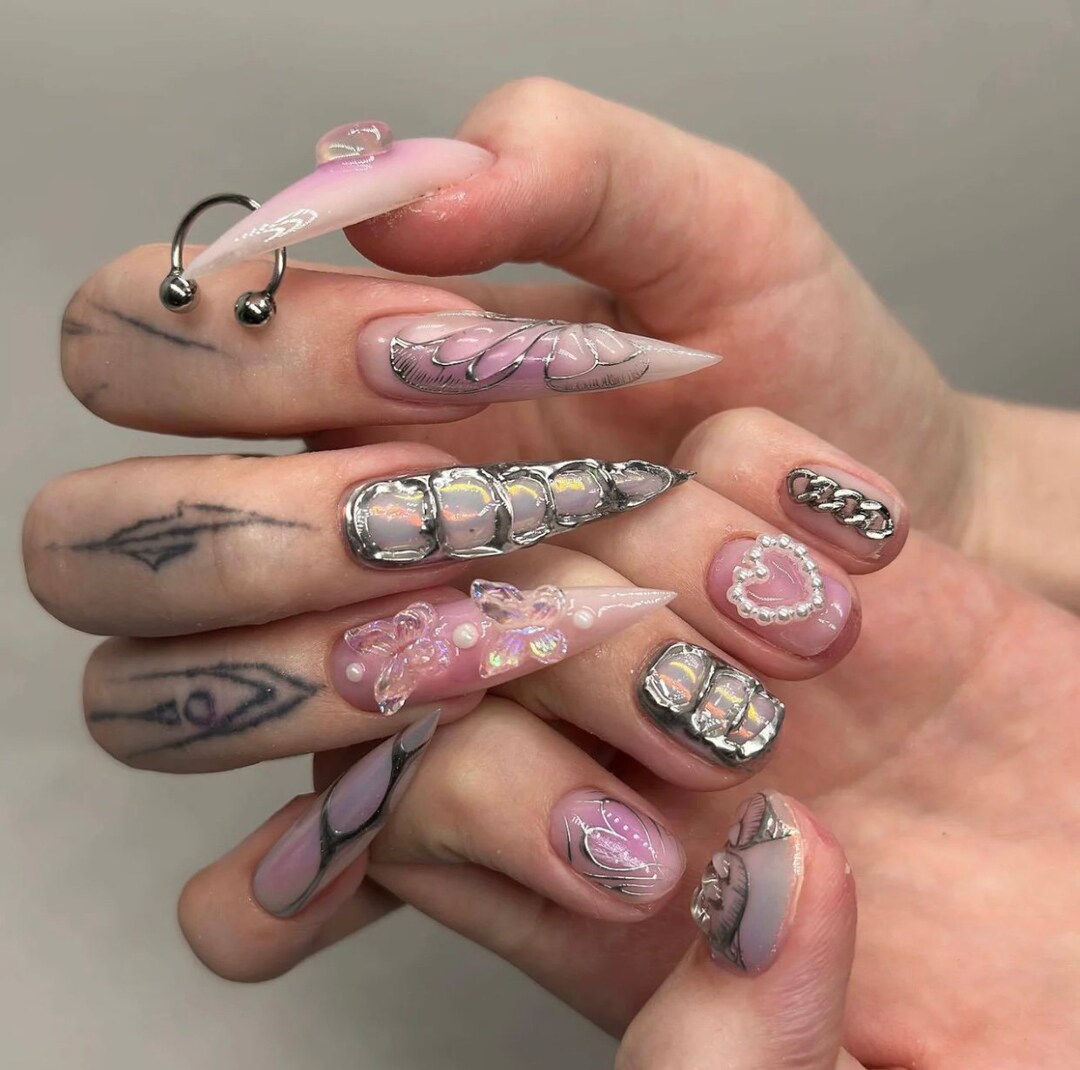 Handmade Metals Silver Press on Nails Cool Girl Fake Nails Pink ...