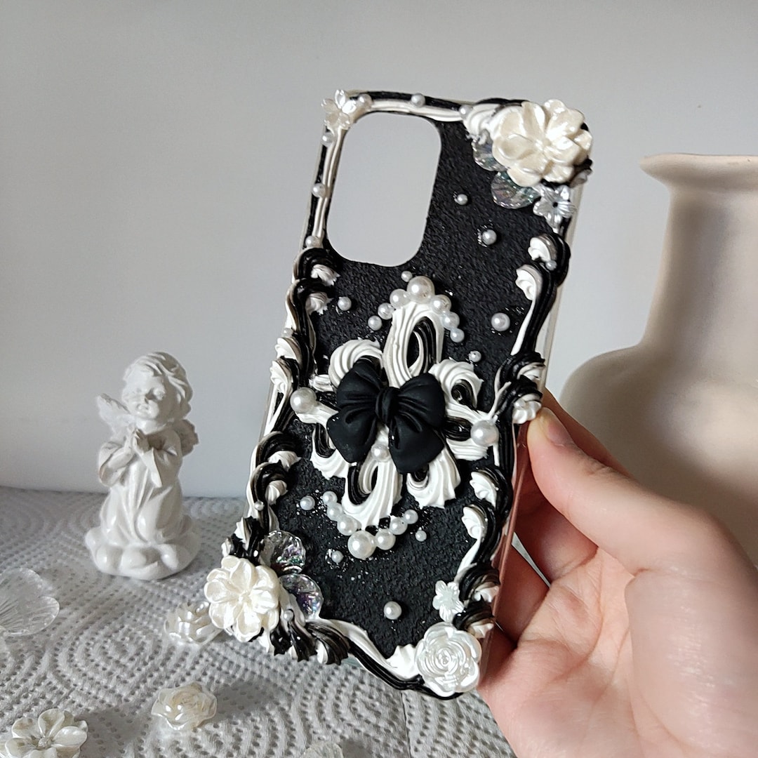Handmade Black Ribbon Bow Baroque Style Decoden Phone Case | Gift for ...