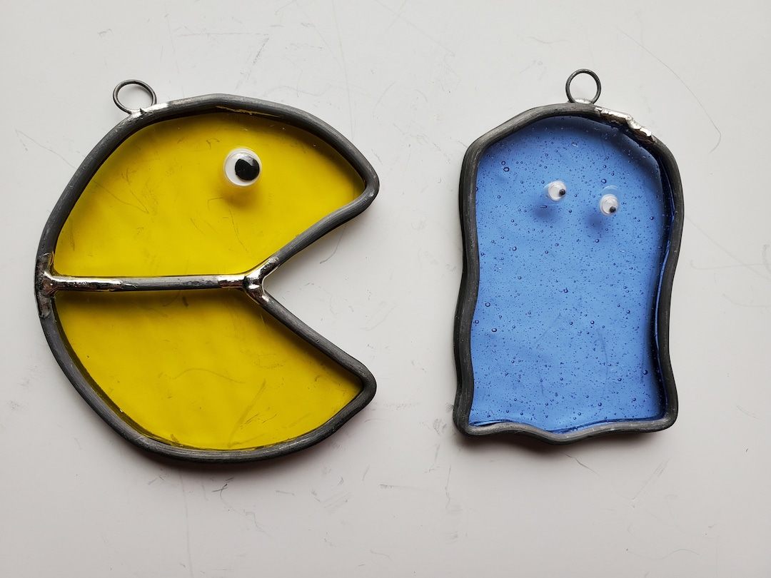 Vintage Hand-crafted ADORABLE RETRO Stained Glass Set of pac-man and ...
