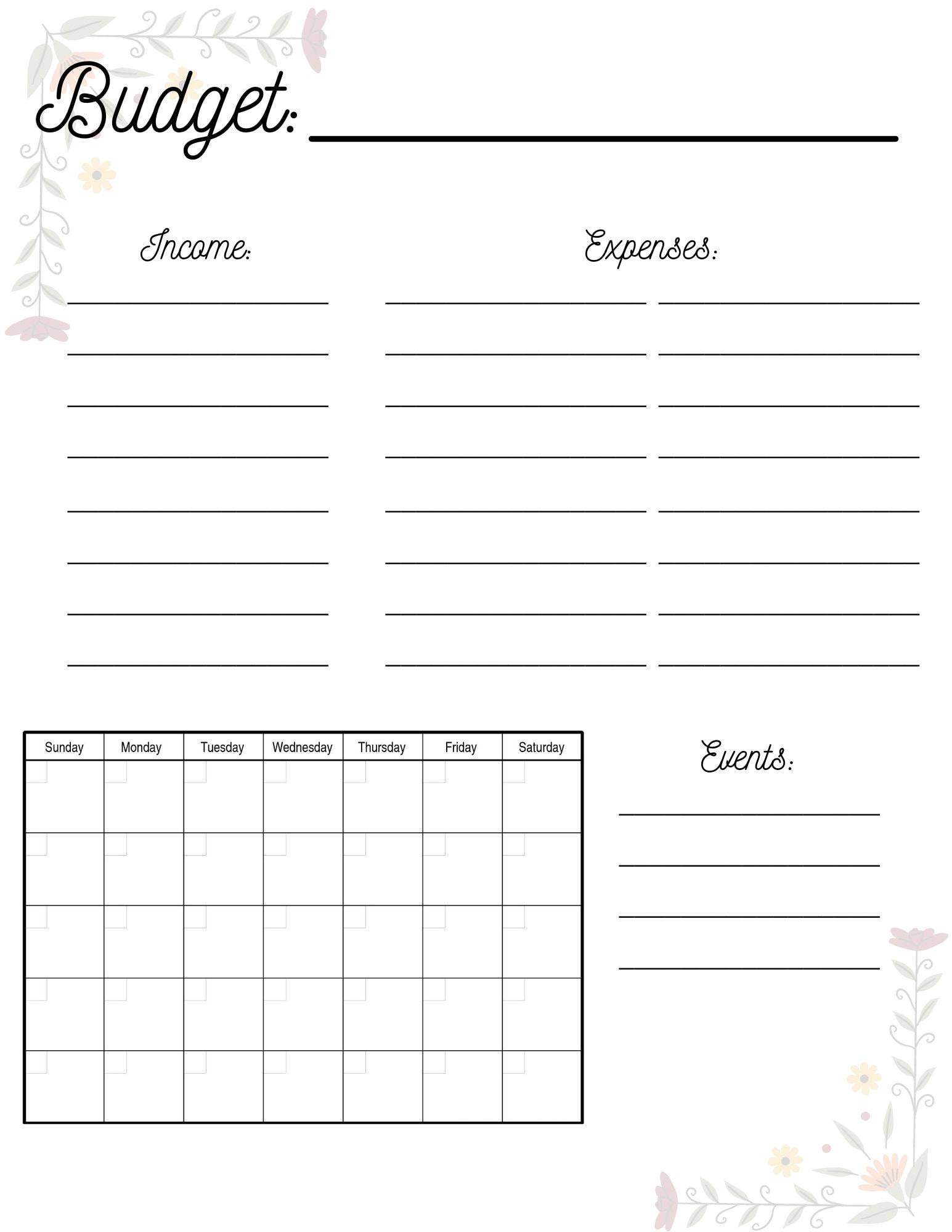 Monthly Budget Sheet Calendar Income Expenses Floral - Etsy