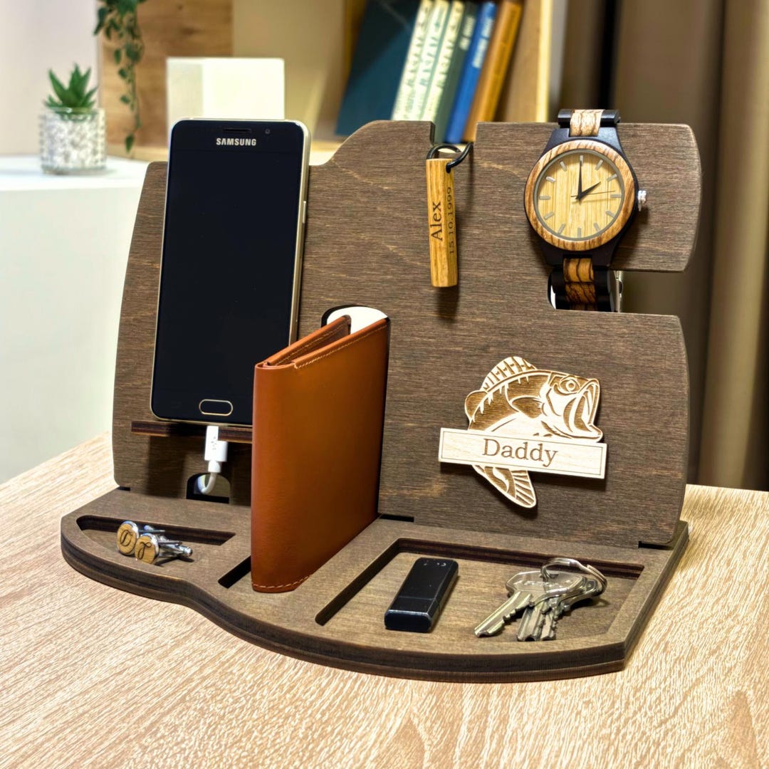 Wooden Docking Station Gift for Him - Wooden Phone Charger Stand ...