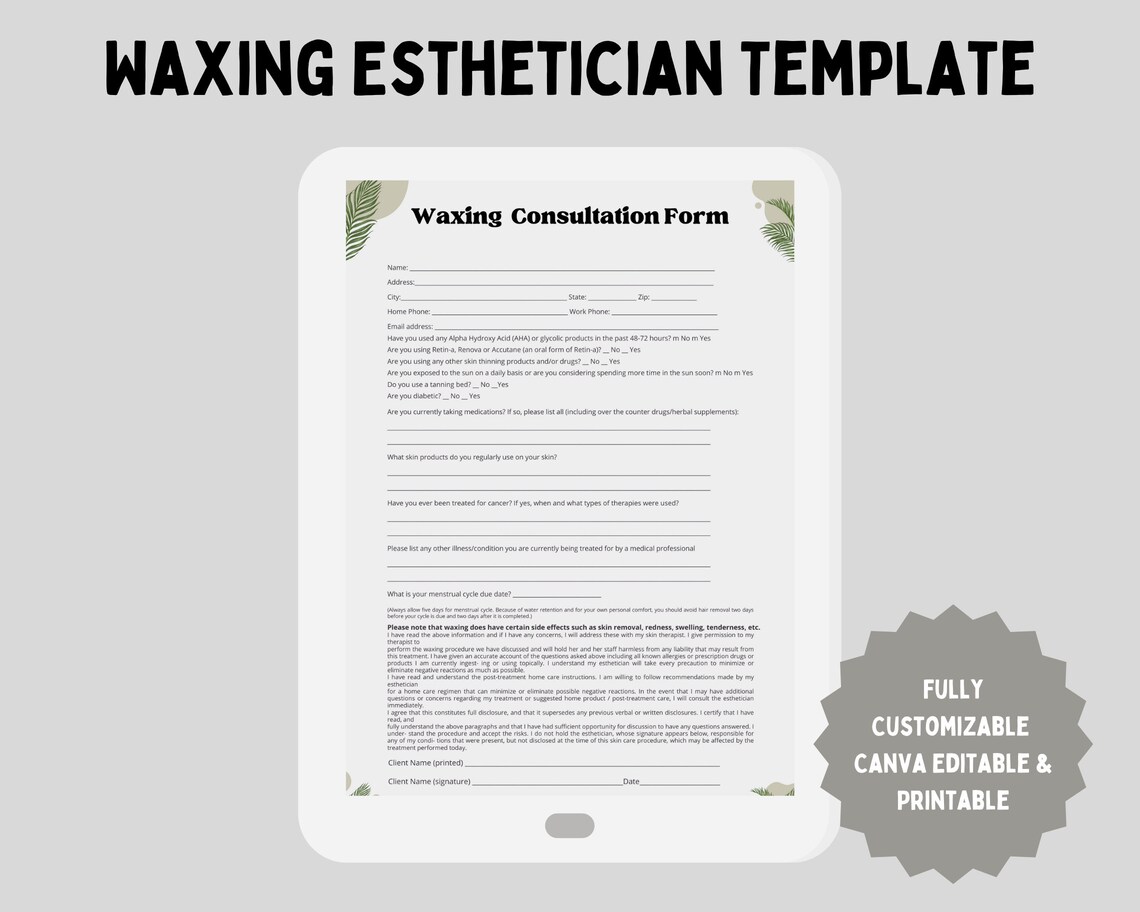 Waxing Editable Esthetician Template Client Consent Form for ...