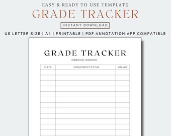 Grade Tracker Template Printable School Schedule Student Digital ...