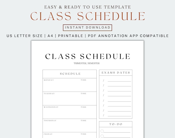 Class Schedule Printable College Schedule Organizer Student Schedule ...