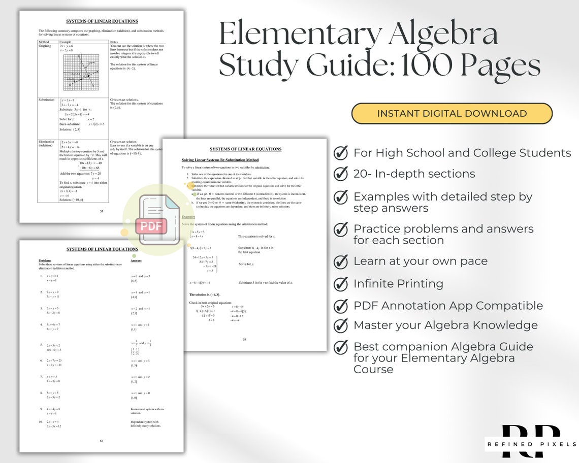 Algebra Study Guide PDF High School College Math Cheat Sheet Homework ...