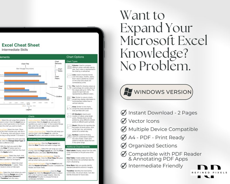Excel Shortcuts for Windows Excel Cheat Sheet Guide Excel Formulas Microsoft Excel Gift Excel ...