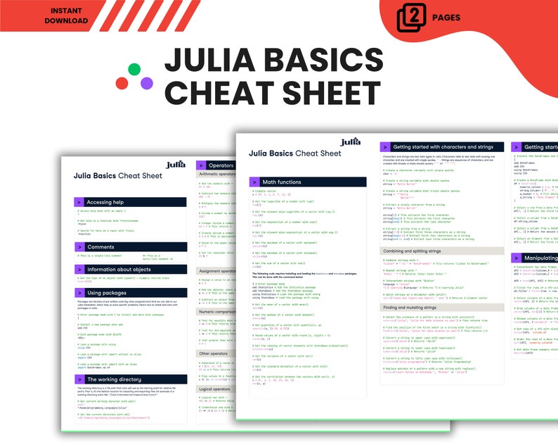 Julia Cheat Sheet Computer Programming Data Science Programming Language Julia Basics Sheet ...