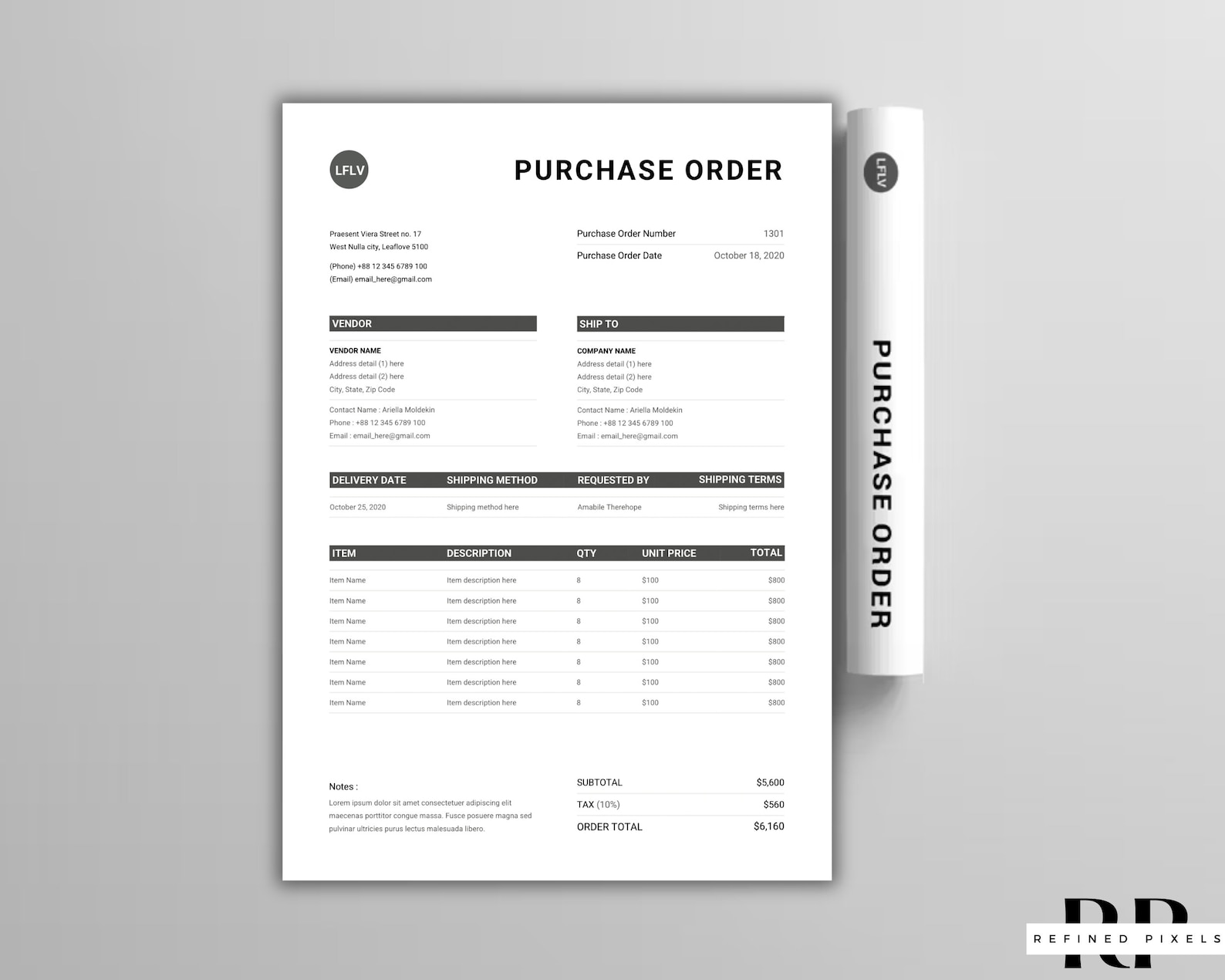 Purchase Order Indesign Template Purchase Template Order Form Editable ...