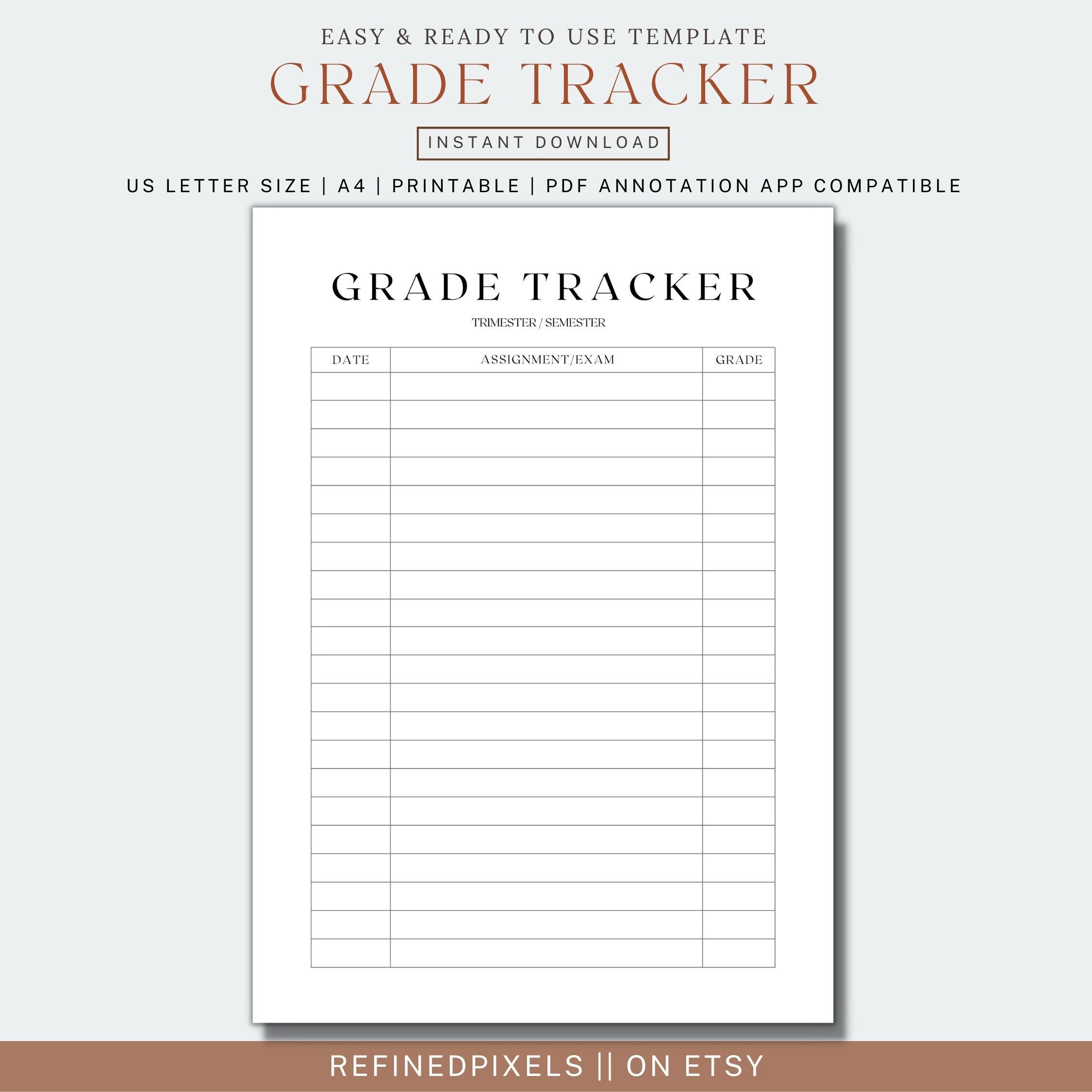 Grade Tracker Template Printable School Schedule Student Digital ...