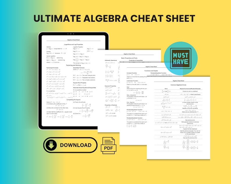 Algebra Cheat Sheet Template Learning Mathematics Study Material Math ...