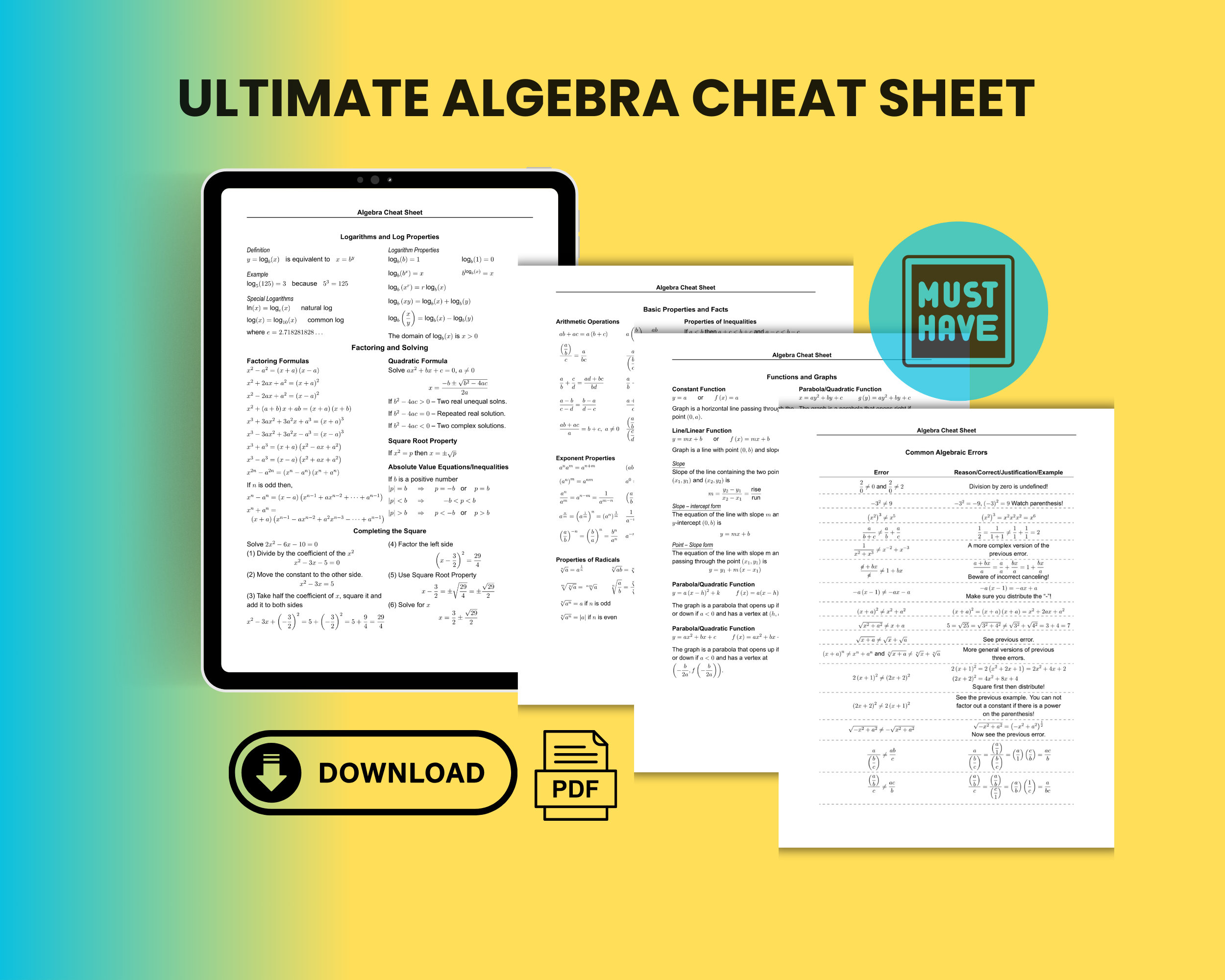 Algebra Cheat Sheet Template Learning Mathematics Study Material Math ...