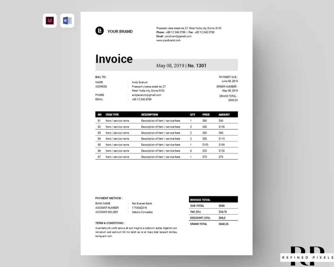 Invoice Template Indesign Template Printable Invoice Editable Invoice ...