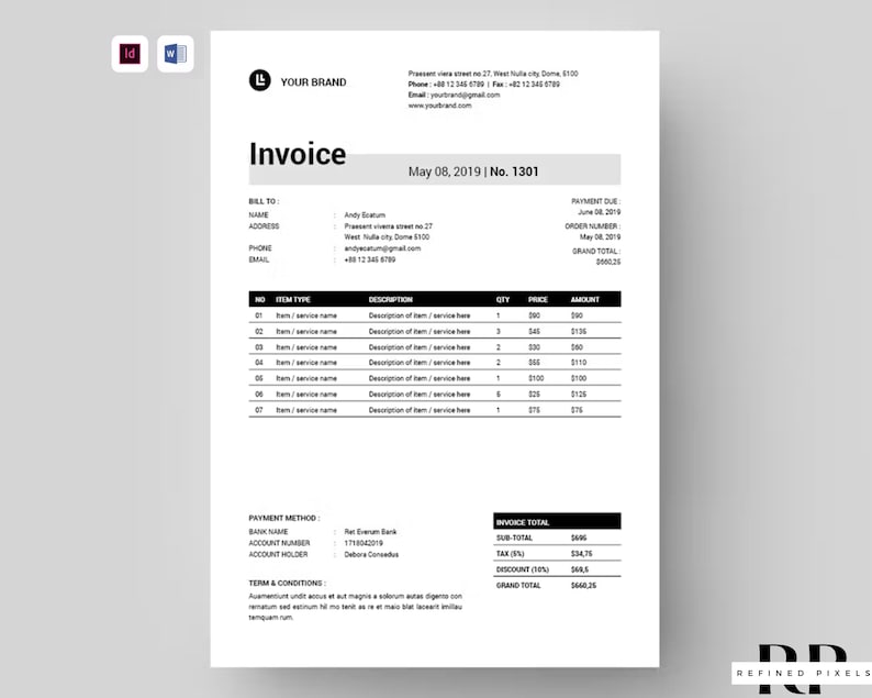 Invoice Template Indesign Template Printable Invoice Editable Invoice Word Business Invoice ...