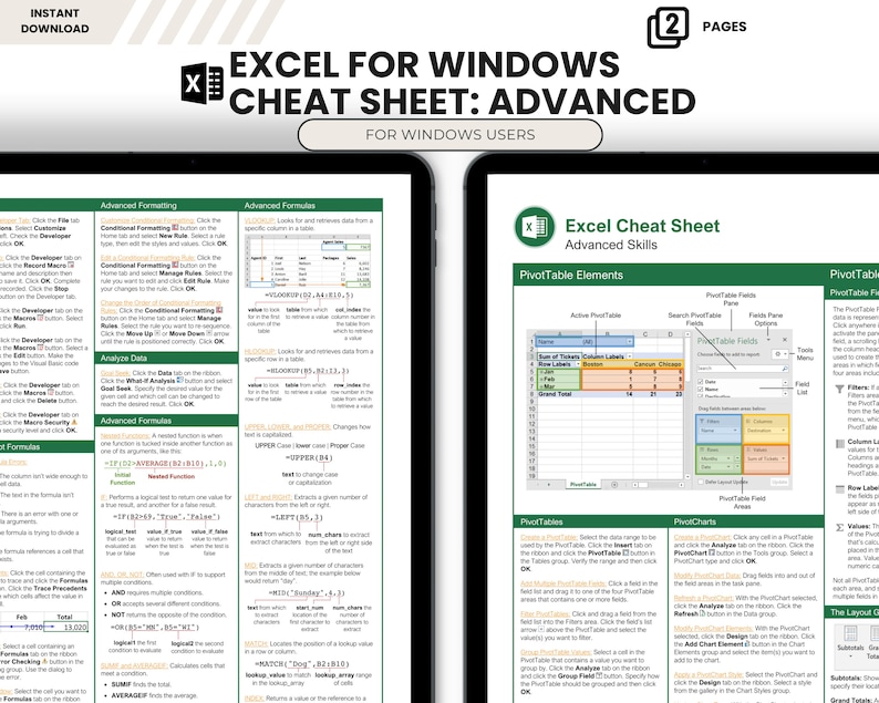Advanced Excel Shortcuts Cheat Sheet for Windows Excel Productivity PDF ...