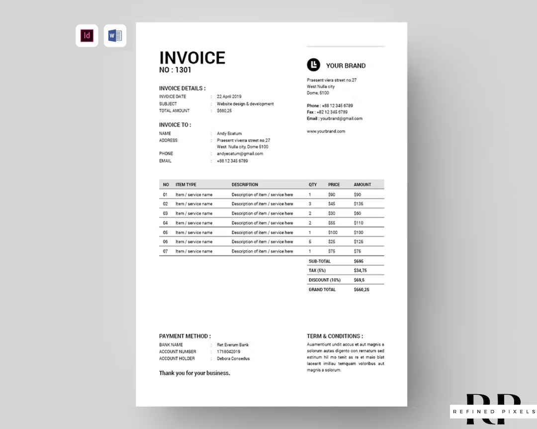 Invoice Template Indesign Template Printable Business Invoice Order ...