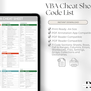Excel VBA Cheat Sheet Visual Basic for Applications Printable Excel Sheet Microsoft Excel Cheat ...