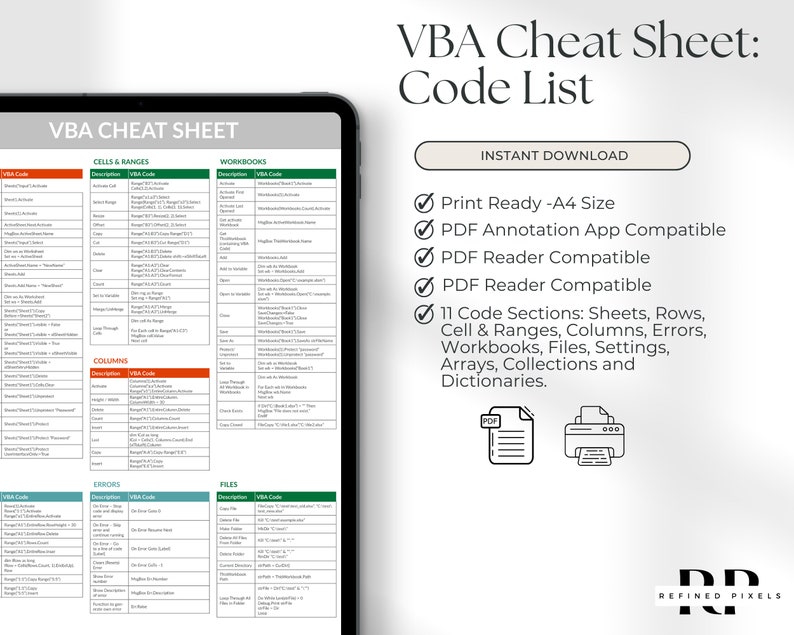 Excel VBA Cheat Sheet Visual Basic for Applications Printable Excel Sheet Microsoft Excel Cheat ...