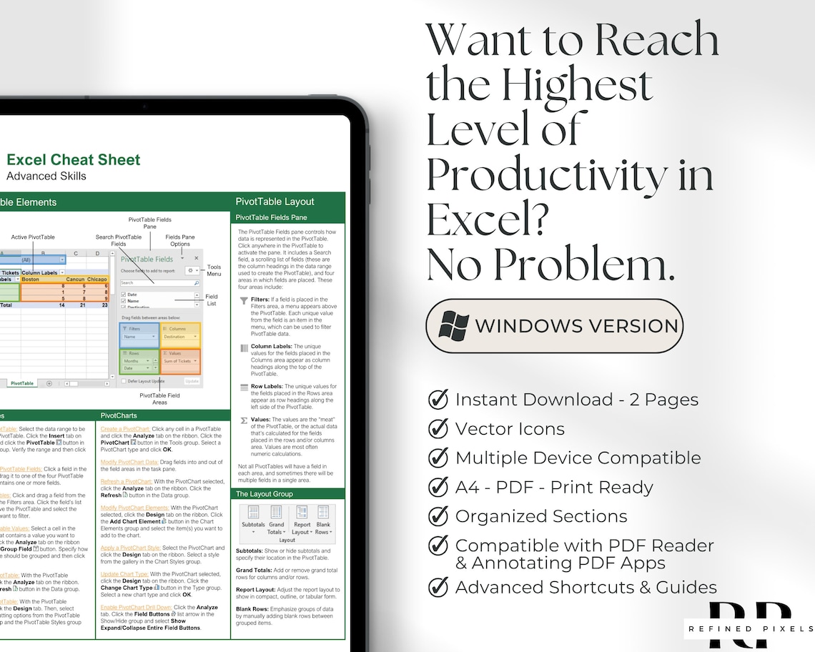 Advanced Excel Shortcuts Cheat Sheet for Windows Excel Productivity PDF ...