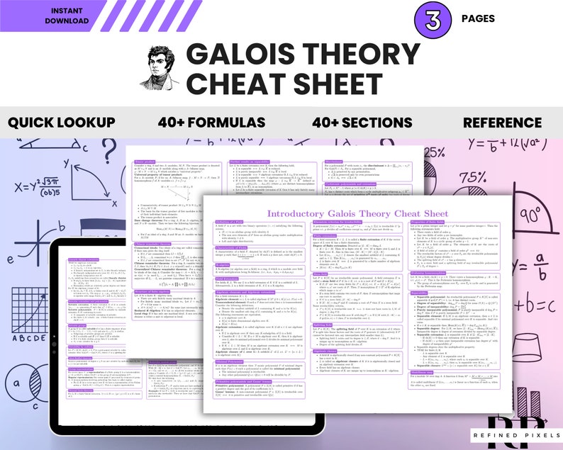 Galois Theory Cheat Sheet Algebra Galois Theorem Physics Formula Symmetric Functions Mathematics ...