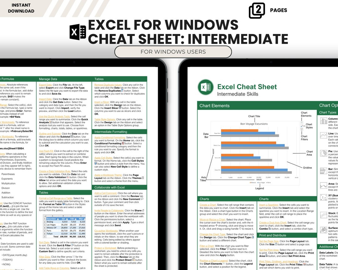 Excel Shortcuts for Windows Excel Cheat Sheet Guide Excel Formulas Microsoft Excel Gift Excel ...