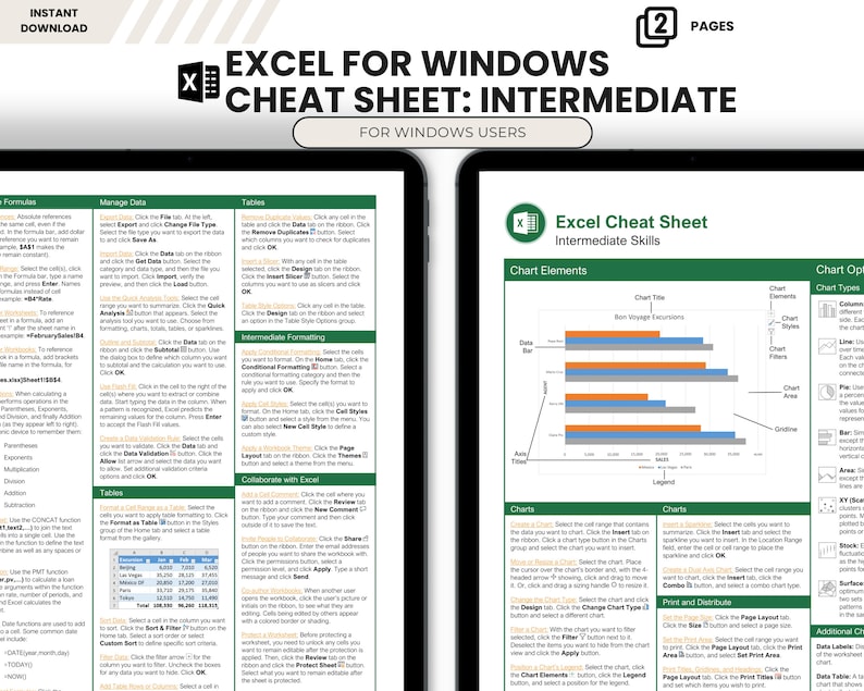 Excel Shortcuts for Windows Excel Cheat Sheet Guide Excel Formulas Microsoft Excel Gift Excel ...